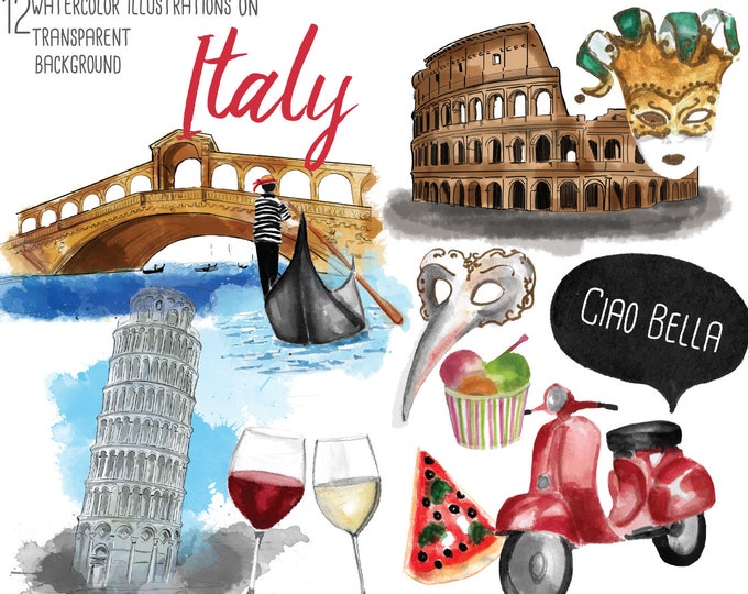 Italy/ Rome Hand Painted Travel Watercolor Clipart : Venetian Mask ...