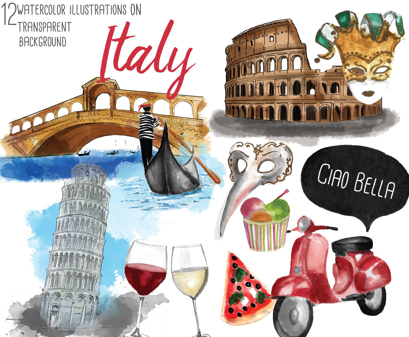 Italy/ Rome Hand Painted Travel Watercolor Clipart : Venetian | Etsy