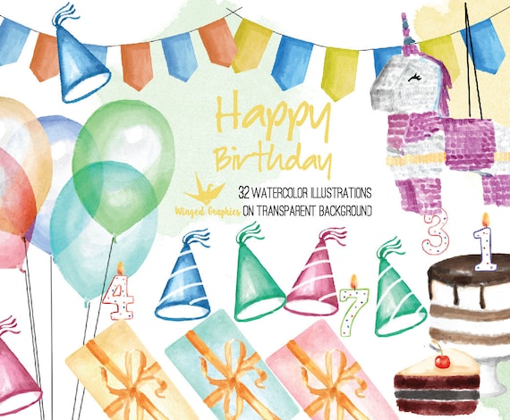 Watercolor Birthday Clipart/ Illustration Set: 32 - Etsy Canada