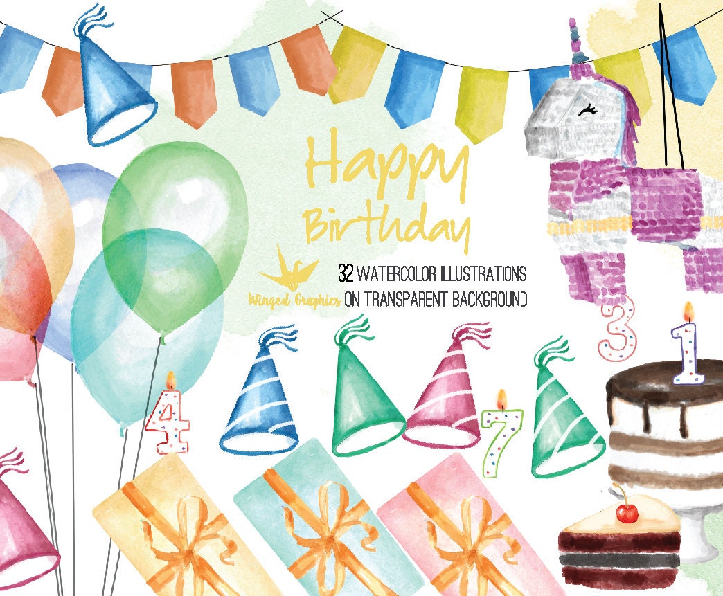 Watercolor Birthday Clipart/ Illustration Set: 32 Illustrations 300 DPI ...