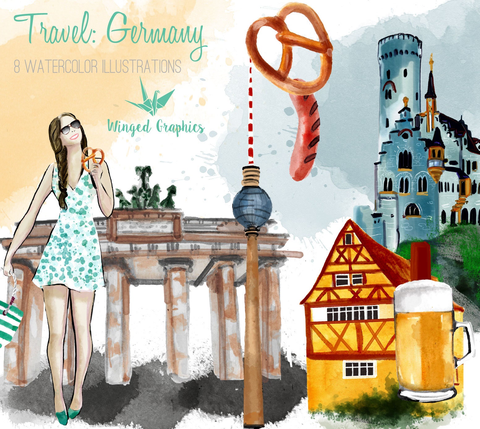 Germany Travel Watercolor Clipart: 8 Illustrations on Transparent ...