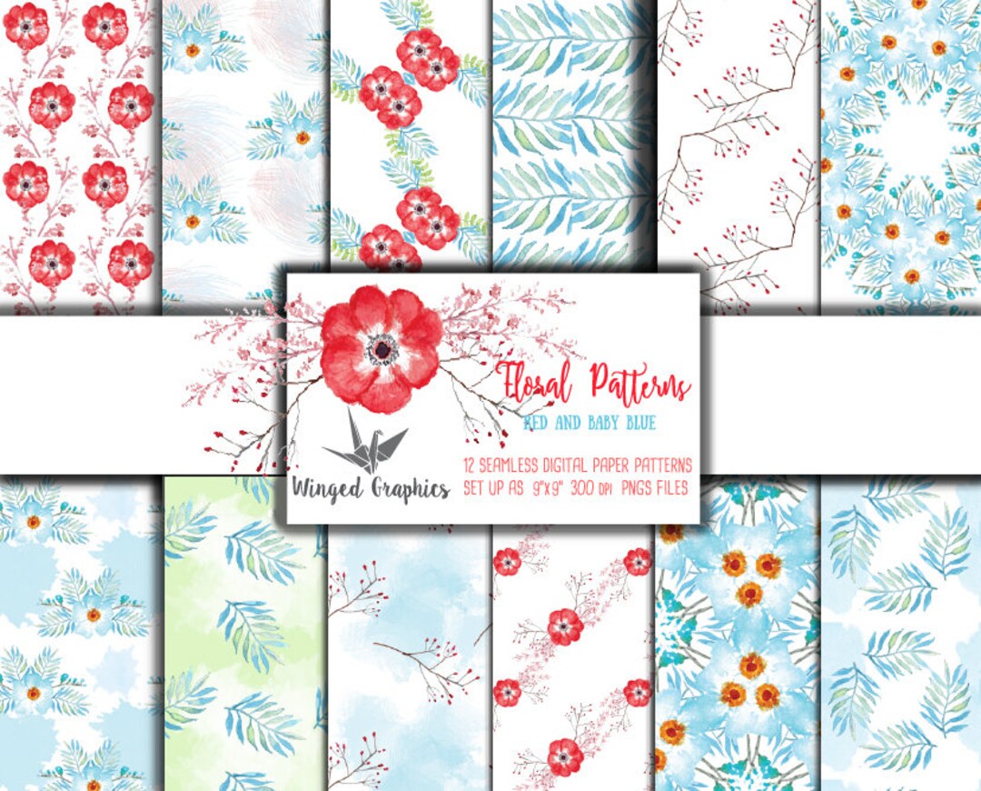 Floral Digital Paper in Red and Babyblue: 12 Seamless Patterns 9"x9 ...
