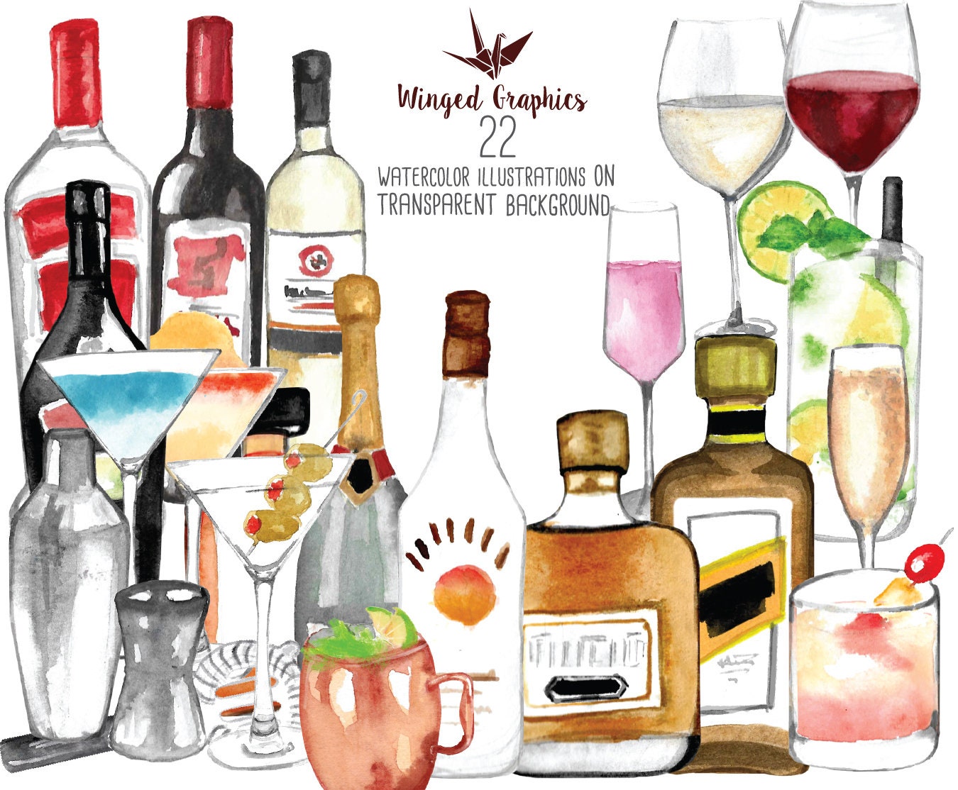 Mini Bar: bar Alkohol und cocktail Aquarell Clipart-Set von | Etsy