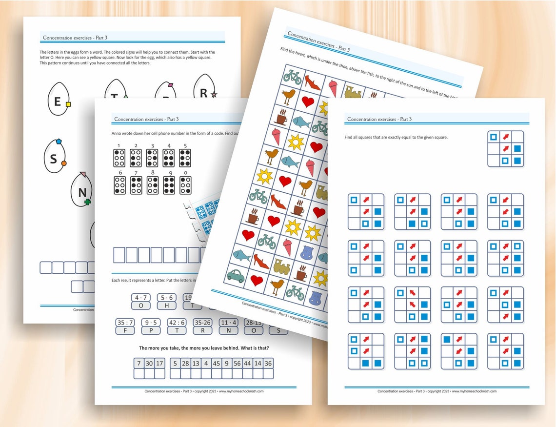 Concentration Exercises for Kids - Part 3 (age 8-12) | 52 Printable ...