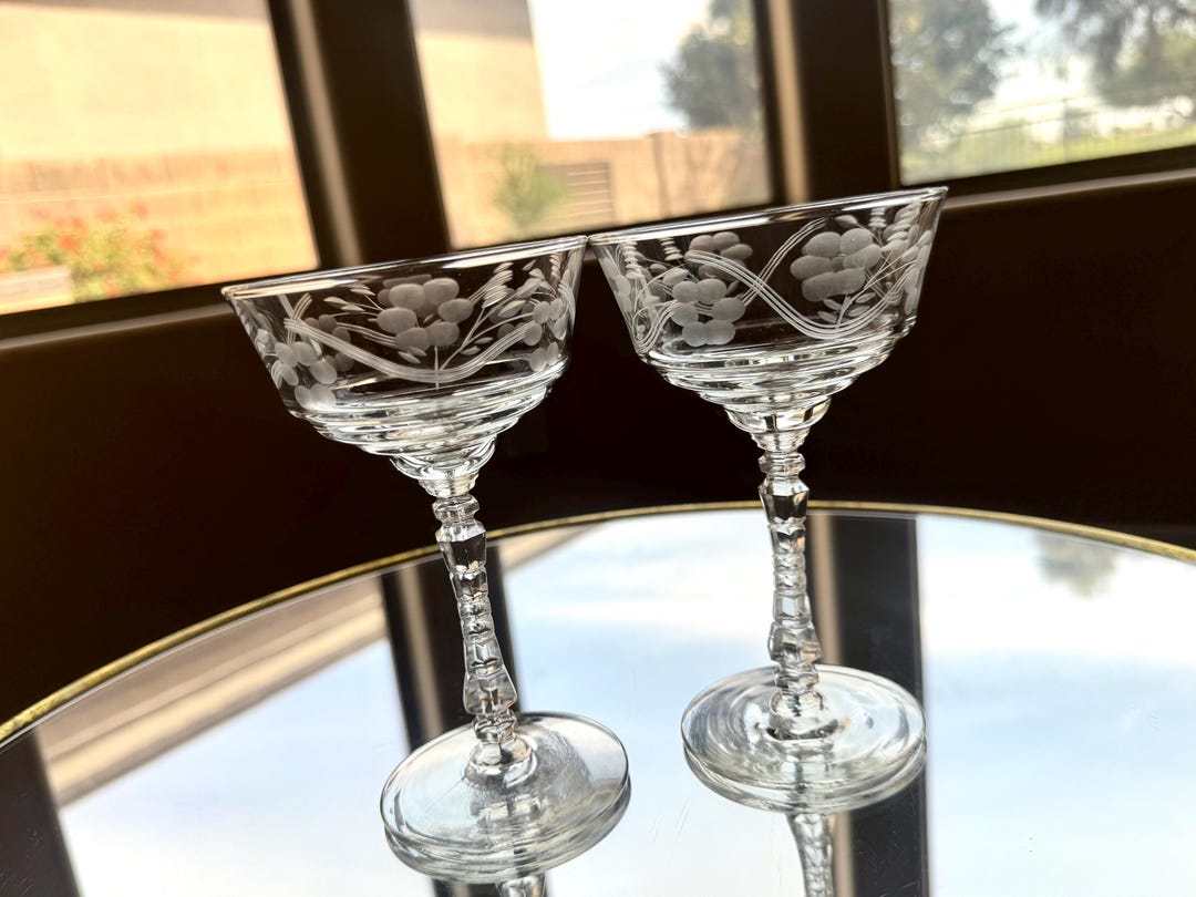 Vintage Wine Glasses, Etched Coupe Glasses, Rock Sharpe Champagne Coupe ...