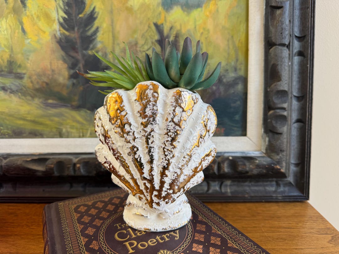 Vintage USA Pottery Shell Planter: Gold Glazed Clam Shell Vase - Etsy