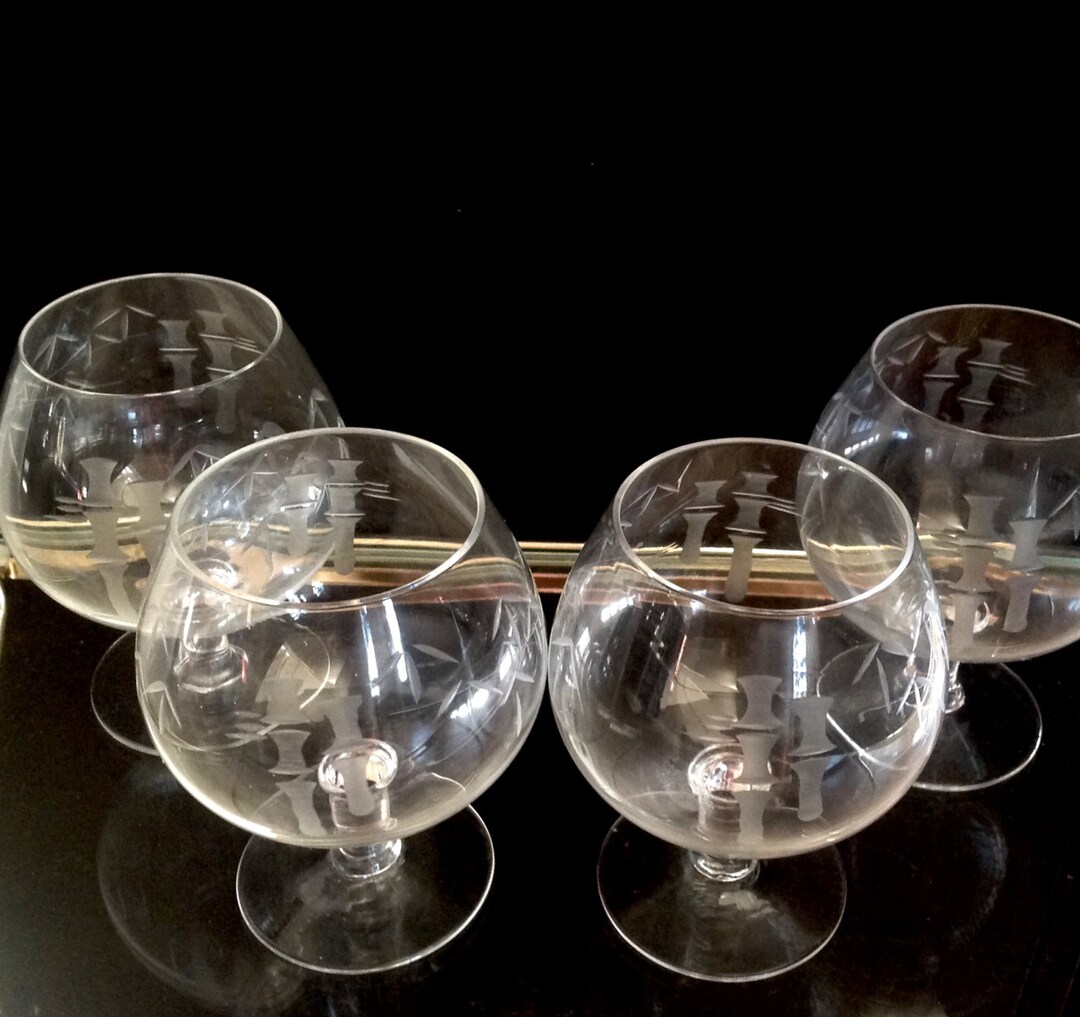 Vintage Brandy Glasses, 1950's Cocktail Glasses, Etched Bamboo Glasses ...