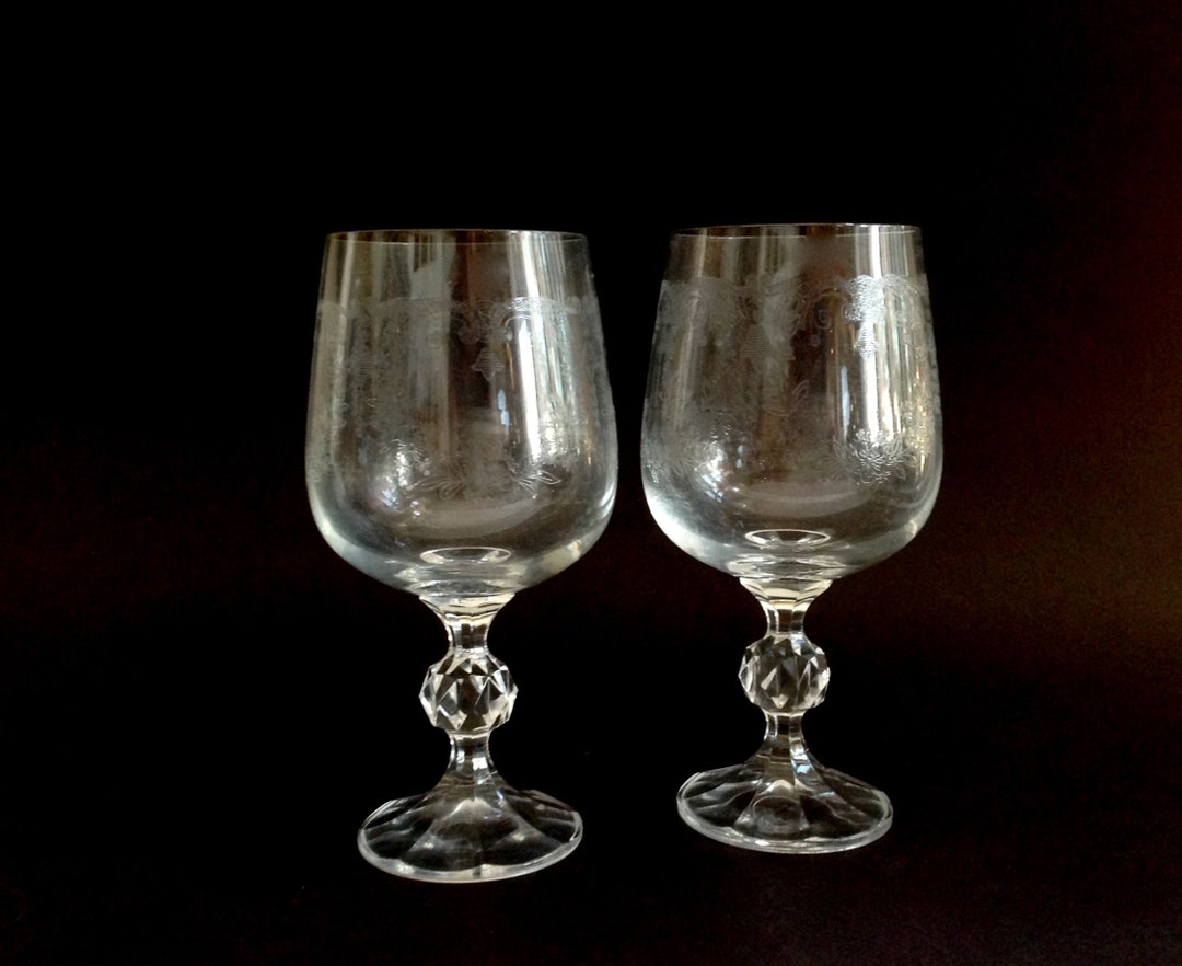 Vintage Bohemia Crystal Cascade Bell Etched Crystal Glasses - Ball Stem ...