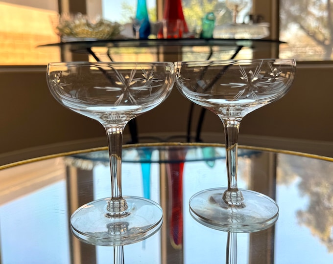 Vintage Coupe Glasses, Champagne Coupe Glasses, Atomic Starburst Etched ...