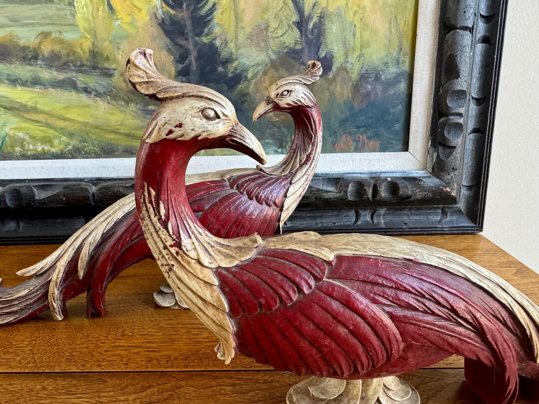 Vintage Hollywood Regency Peacocks, 1970's Red/gold Decor, Beautiful ...