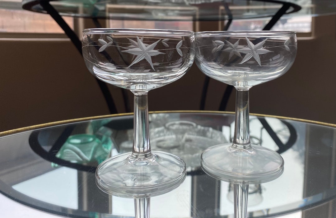 Vintage Coupe Glasses, Mid Century Etched Champagne Coupe Glasses ...
