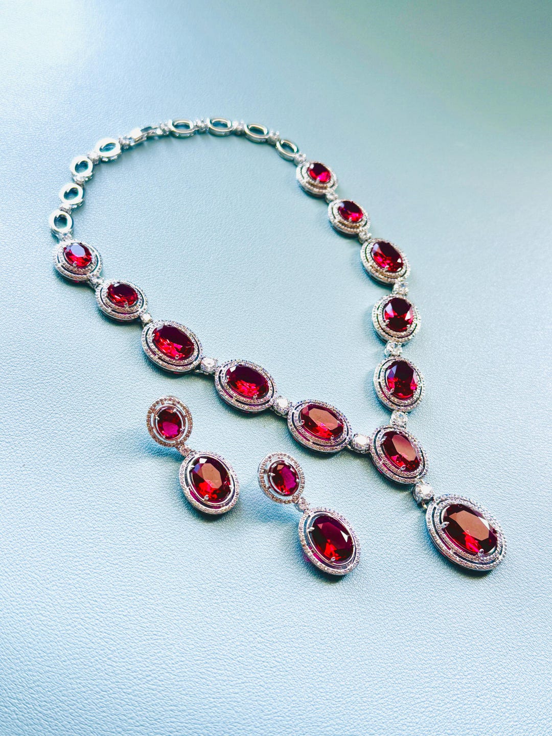 Ruby Red Oval Crystal Necklace & Earring Set • Bold Statement Jewelry • Bridal or Prom Set ...
