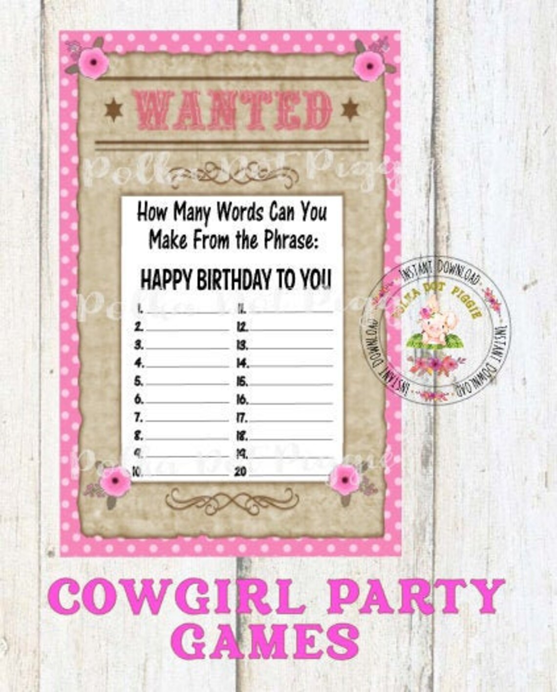 Cowgirl Western How Many Words Game Birthday Party Bachelorette Party ...