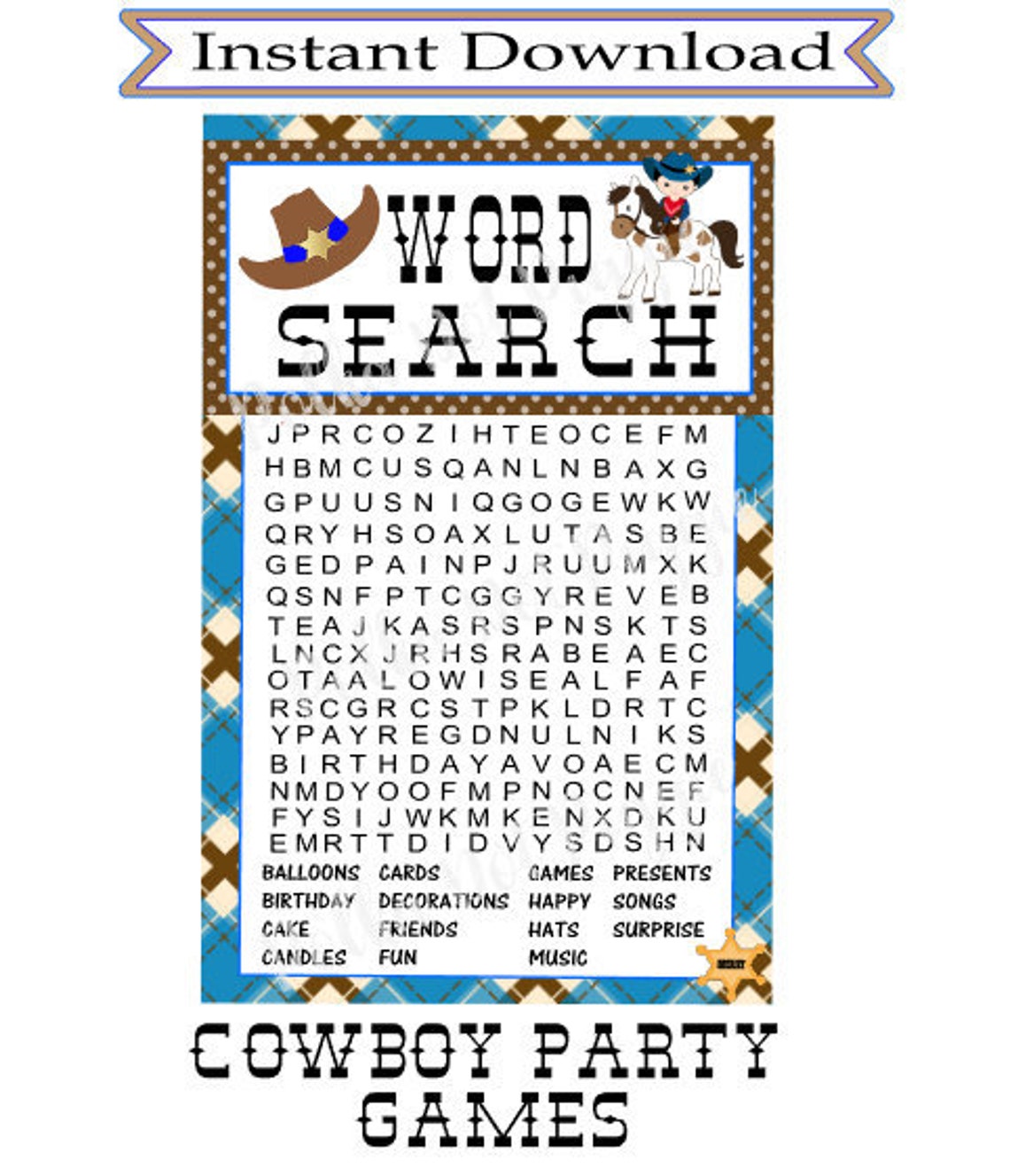 Cowboy Western Word Search Game Birthday Party Wedding Shower Baby ...