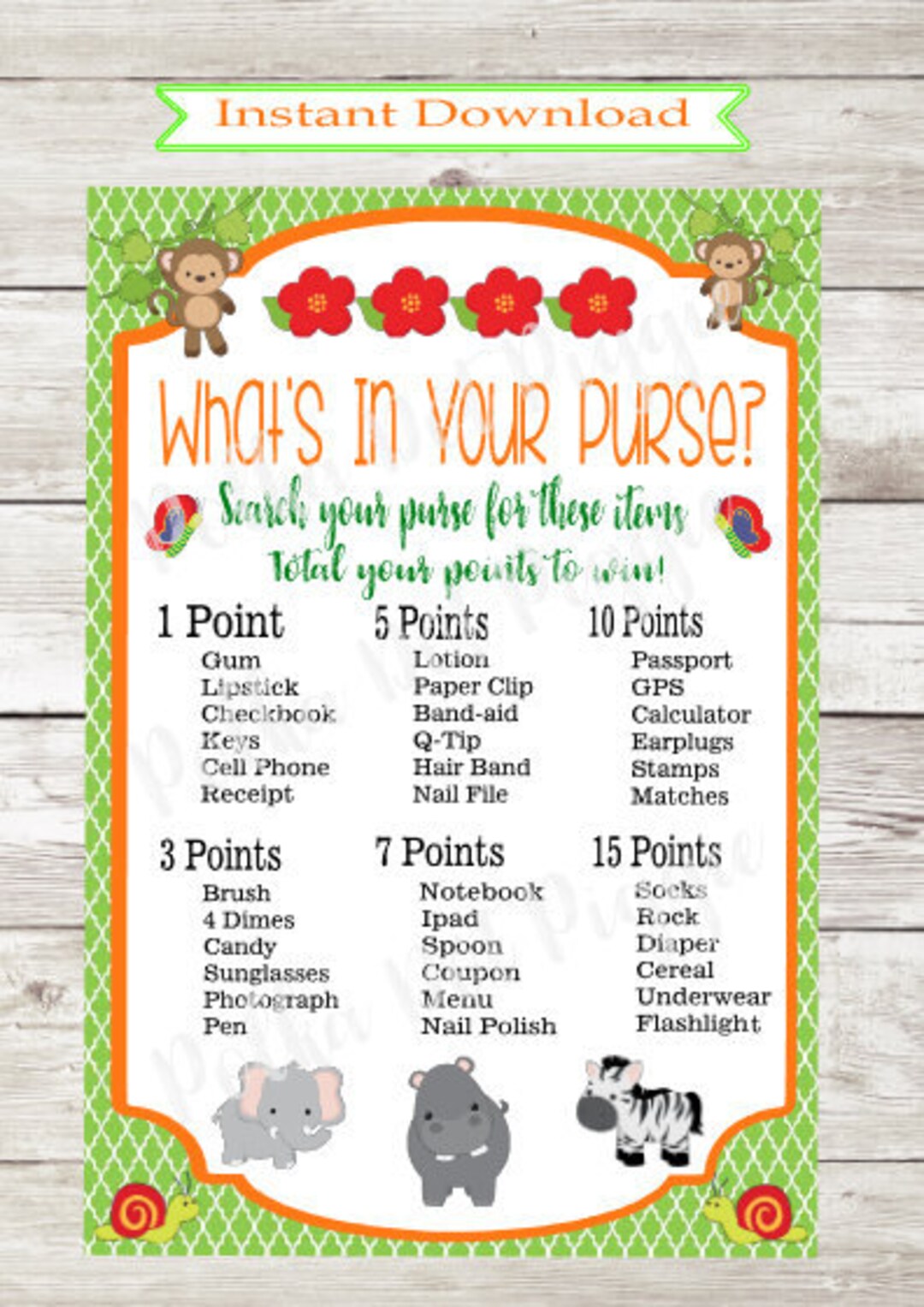 Safari Cute Jungle Animals What's in Your Purse Baby Shower Game ...