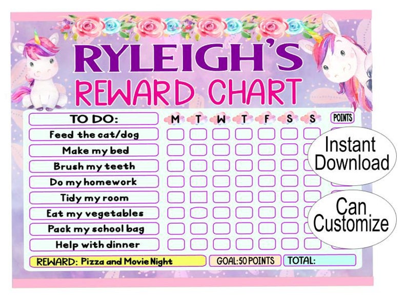Unicorn Reward Chart Girls Chore Chart Responsibility Chart Printable ...