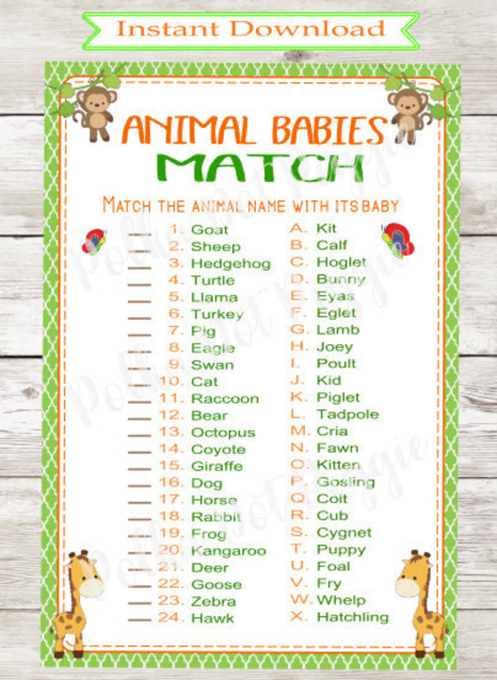 Safari Cute Jungle Animals Baby Animals Match Game Baby Shower Game ...