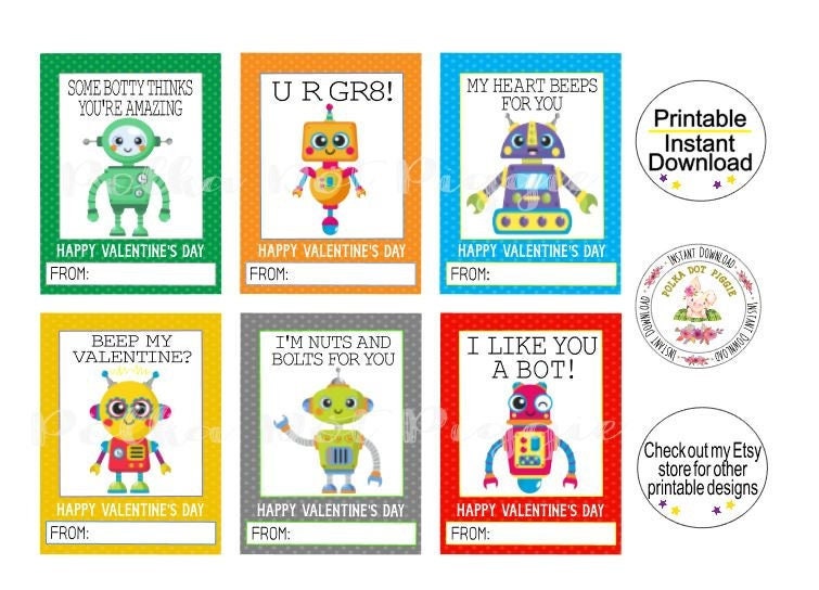 Robot Kid Valentine Printable Instant Download School Valentine Cards ...