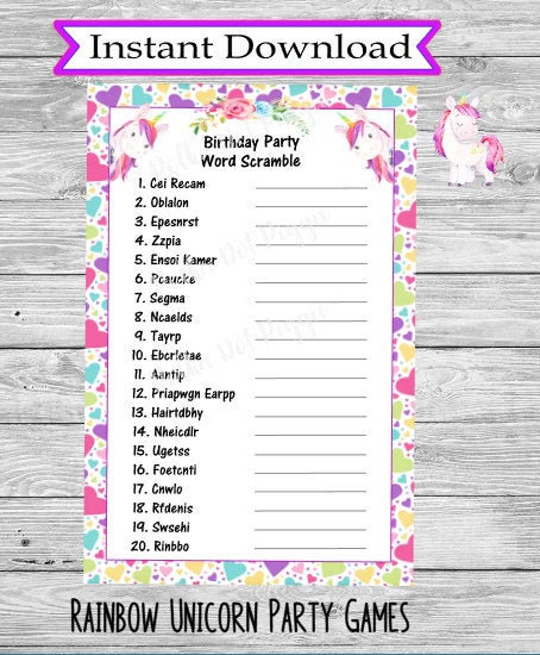 Rainbow Unicorn Word Scramble Birthday Party Bachelorette Party Baby ...