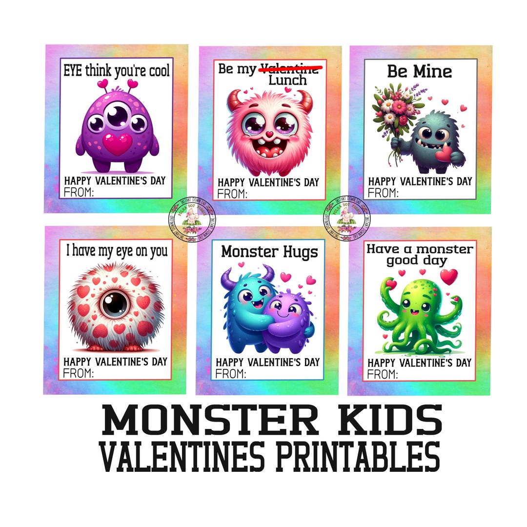 Monster Kid Valentine Printable Instant Download School Valentine Cards ...