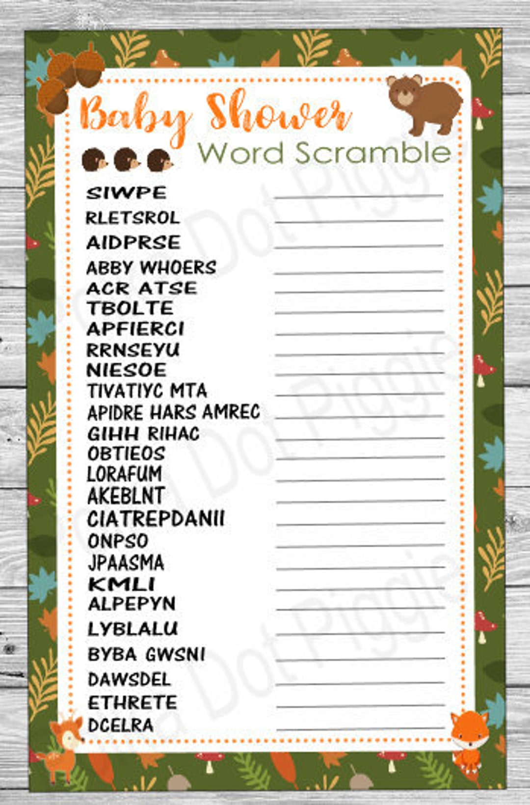 WOODLAND FRIENDS Forest Friends Word Scramble Baby Shower Game ...