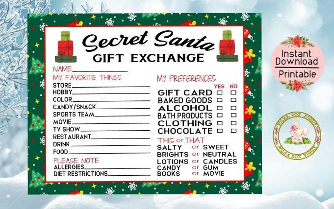 Secret Santa Questionnaire Christmas Gift Exchange Form Instant ...