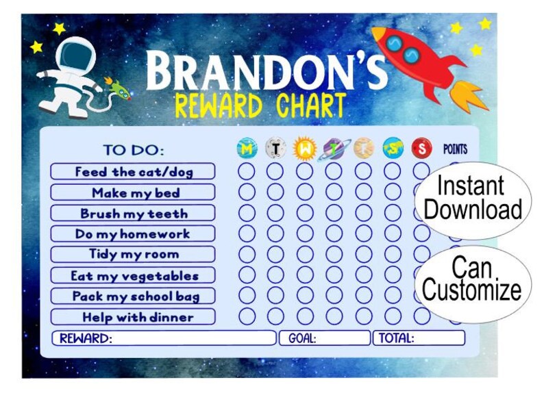 Space Reward Chart Boy Planets Astronaut Galaxy Rocket Chore Chart ...