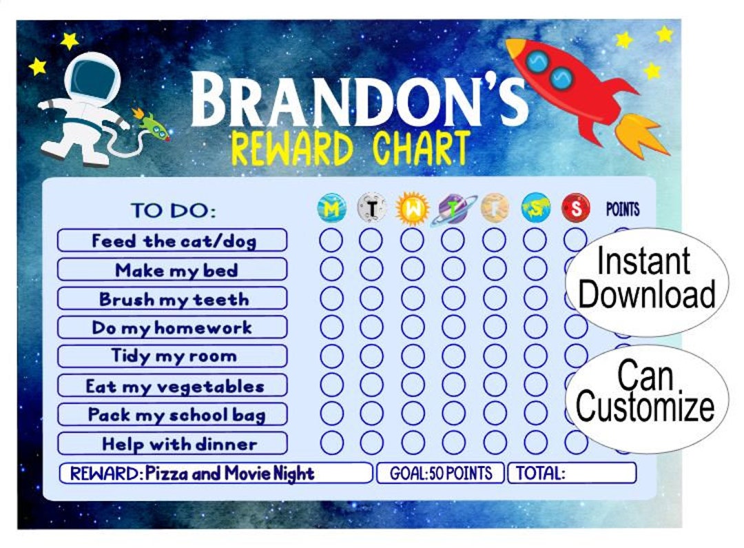 Space Reward Chart Boy Planets Astronaut Galaxy Rocket Chore Chart ...