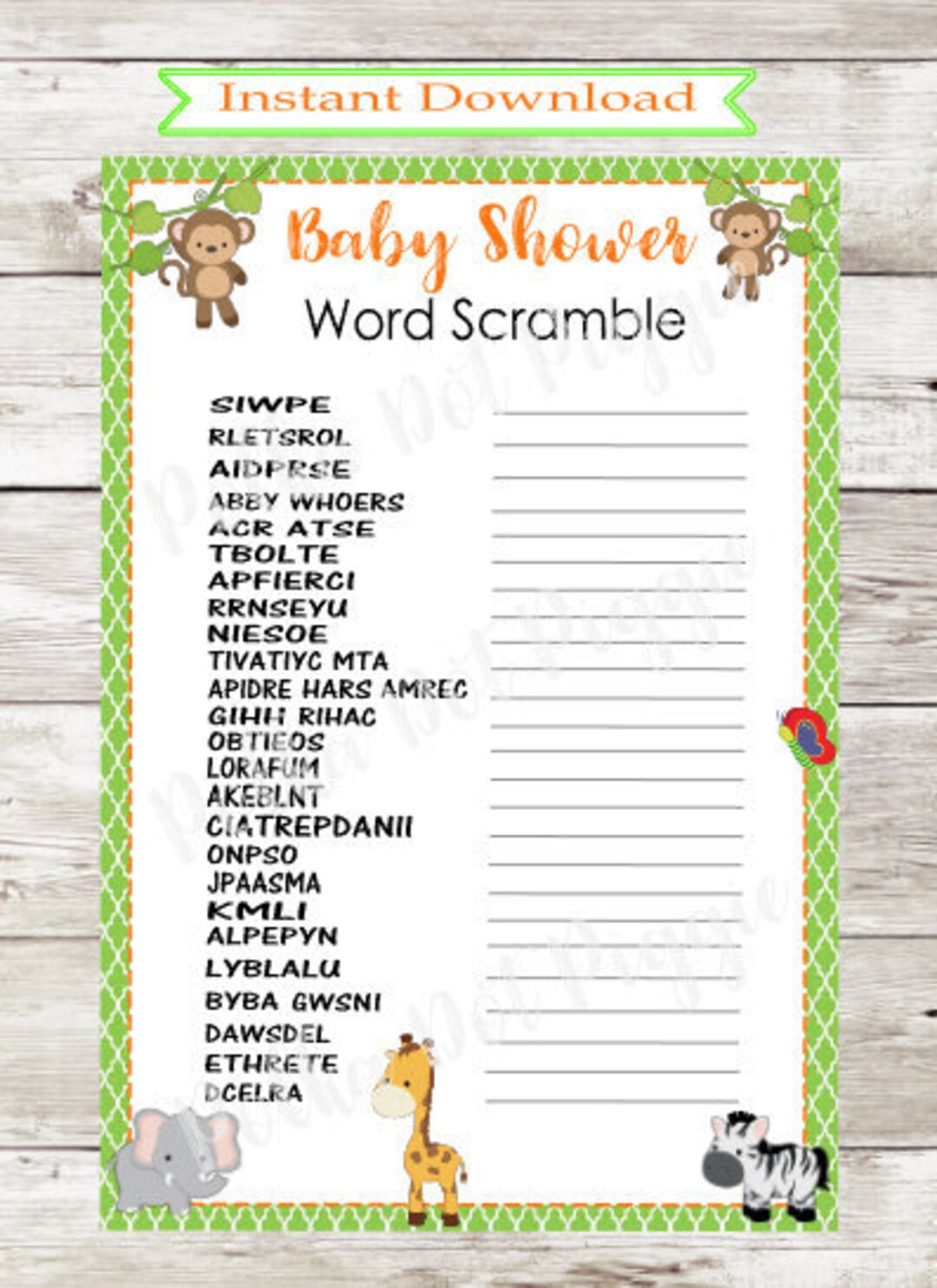 Cute Jungle Animals Safari Word Scramble Baby Shower Game - Instant ...