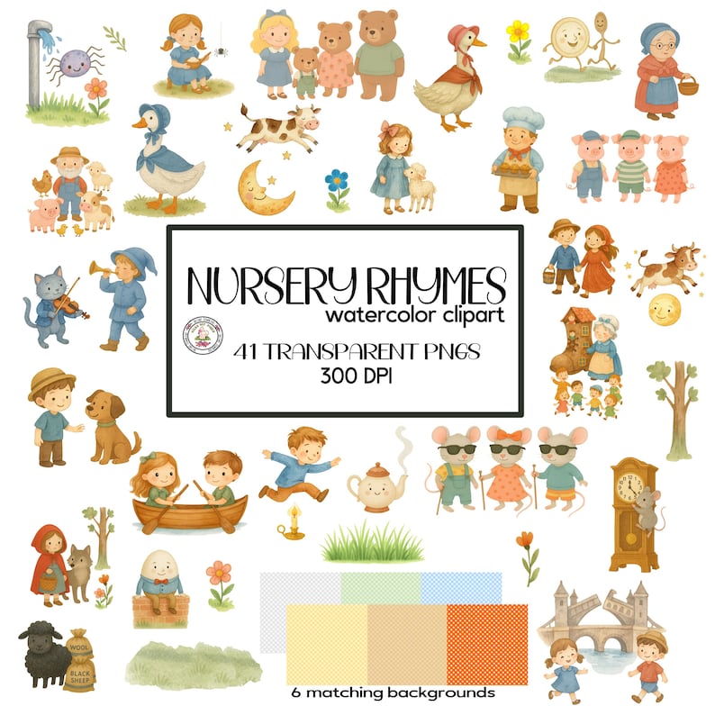 Nursery Rhymes Watercolor Clipart Mother Goose Humpty Dumpty Digital ...