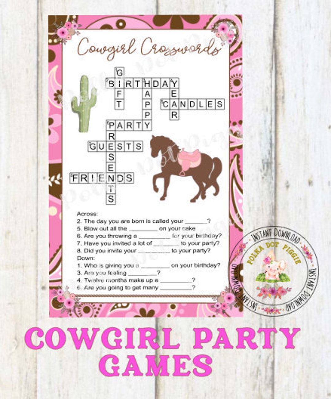 Cowgirl Crossword Puzzle Games Birthday Party Bachelorette Party Baby ...