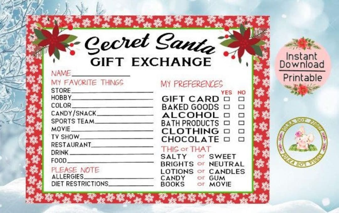 Secret Santa Questionnaire Christmas Gift Exchange Form Instant ...