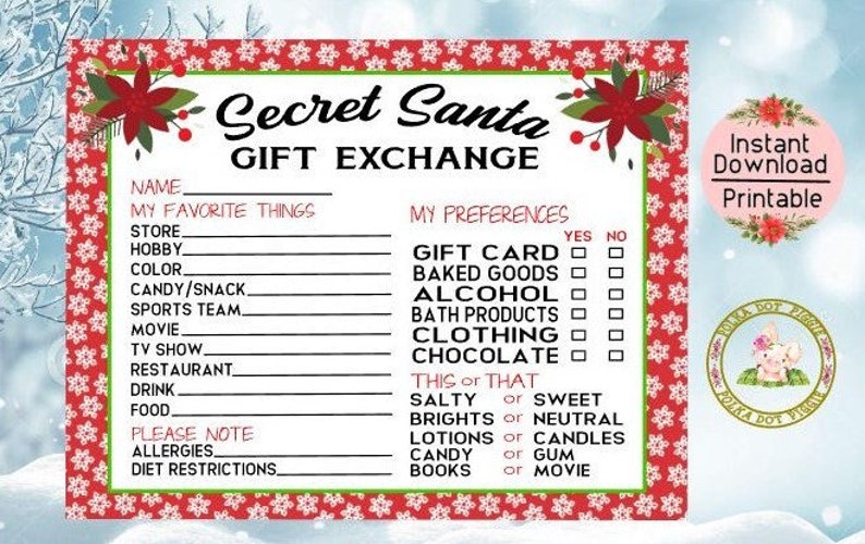 Secret Santa Questionnaire Christmas Gift Exchange Form Instant ...