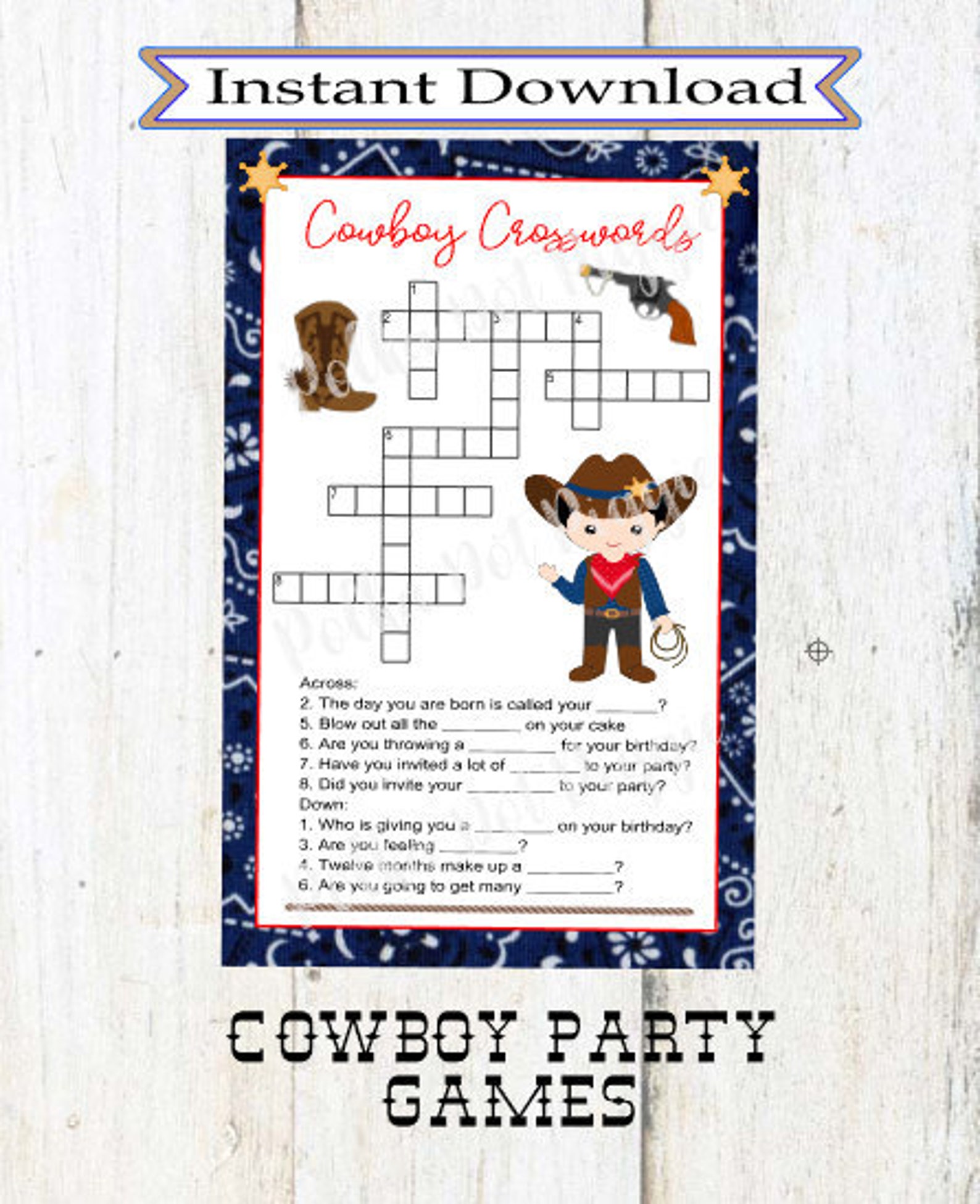 Cowboy Crossword Puzzle Games Birthday Party Bachelorette Party Baby ...