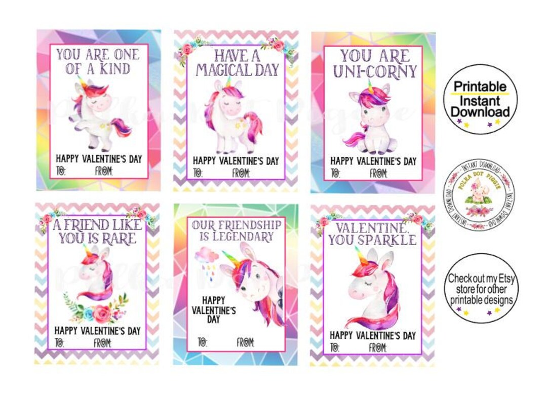 Unicorn Girls Kid Valentine Printable Instant Download School Valentine ...