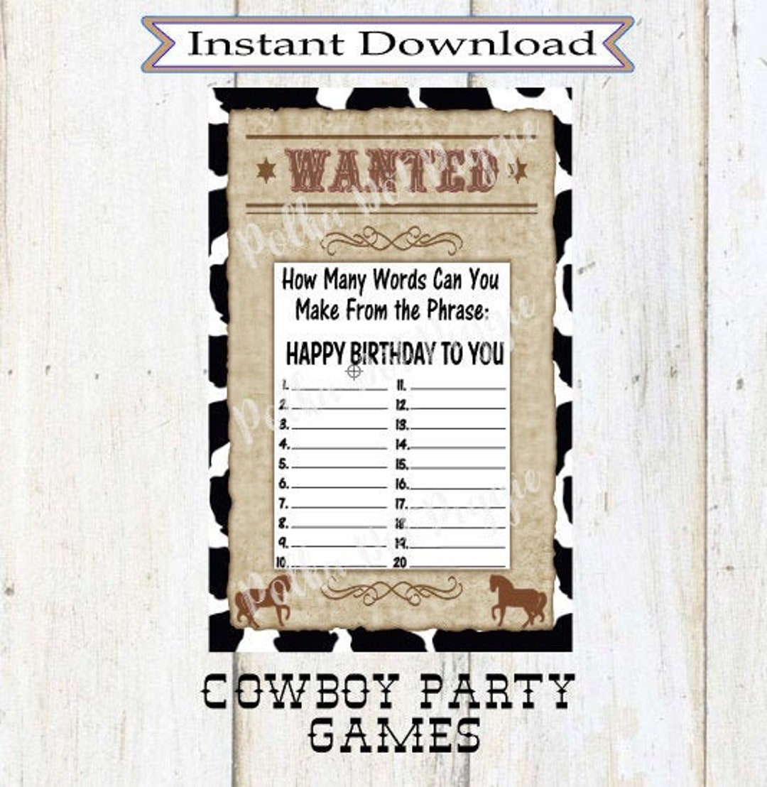 Cowboy Western How Many Words Game Birthday Party Bachelorette Party ...