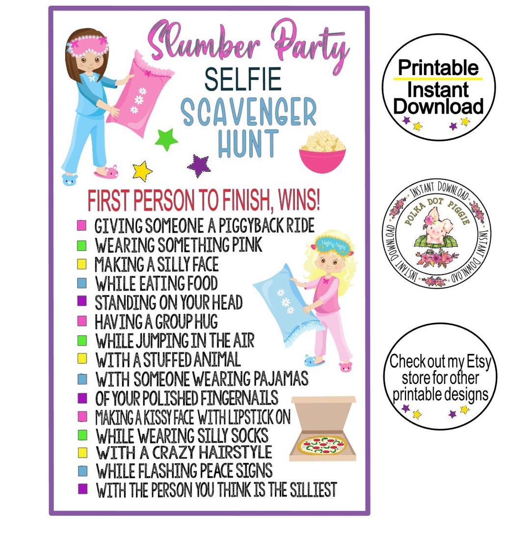 Slumber Party Sleepover Pajama Party Selfie Scavenger Hunt Party Game ...
