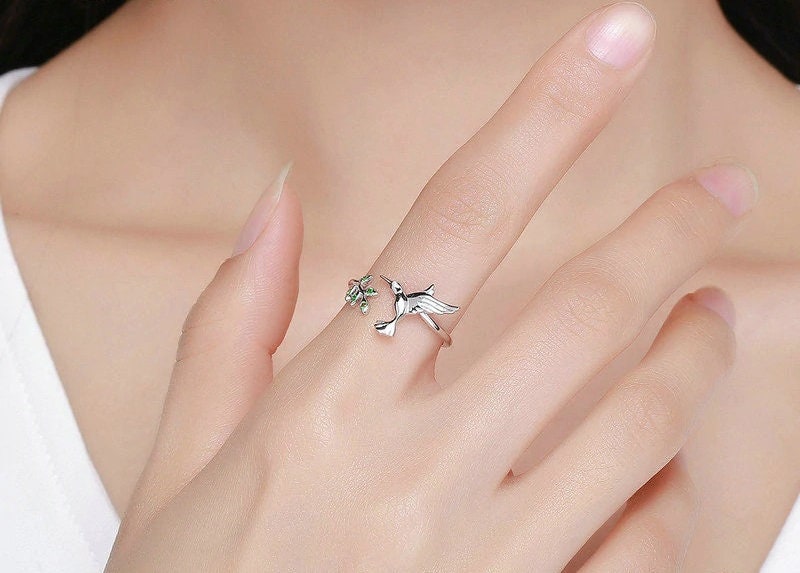 Hummingbird Ring Sterling Silver Ring Hummingbird Jewelry Leaf | Etsy