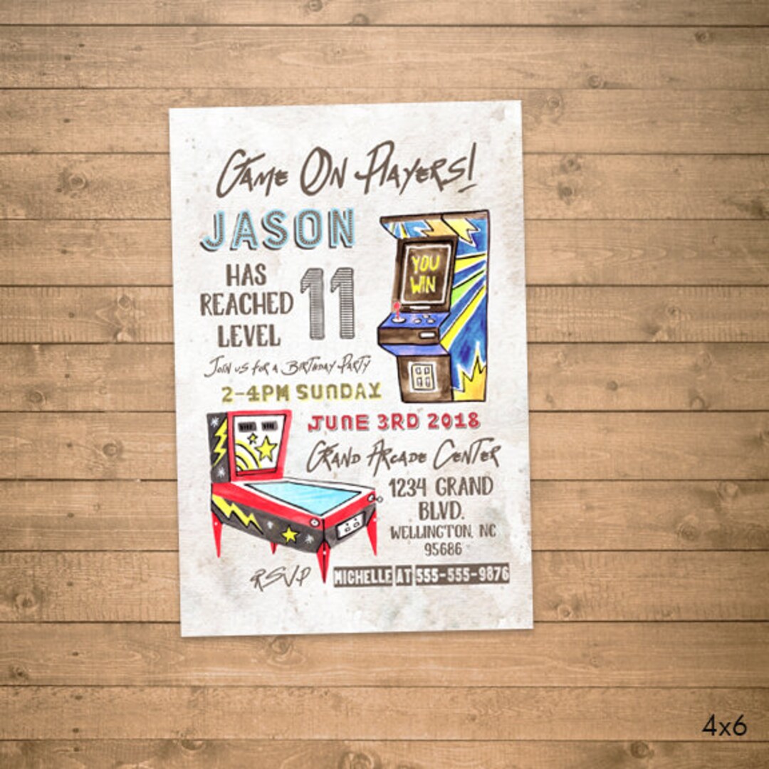 Arcade Birthday Party Invitation 4x6 Pinball Machine - Etsy