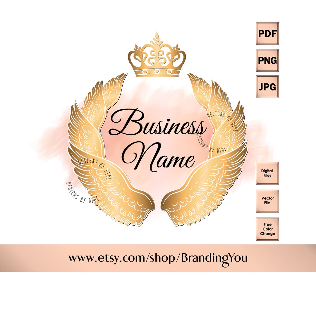 Angel Wings Logo, Angelic Logo, Custom Logo Design, Gold Pink Wings ...