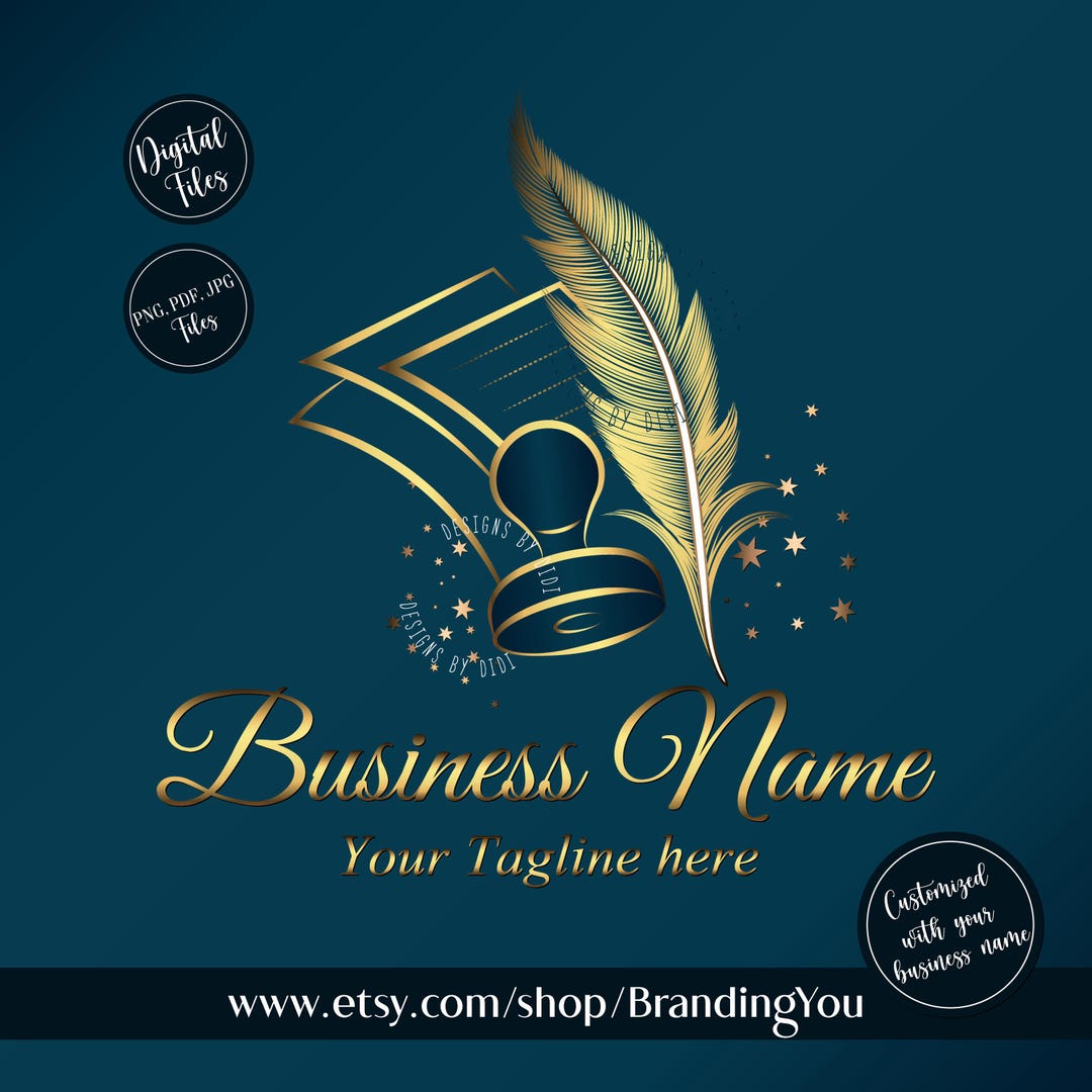 Notary Logo, Stamp Feather Logo, Mobile Notary Royal Blue Branding ...