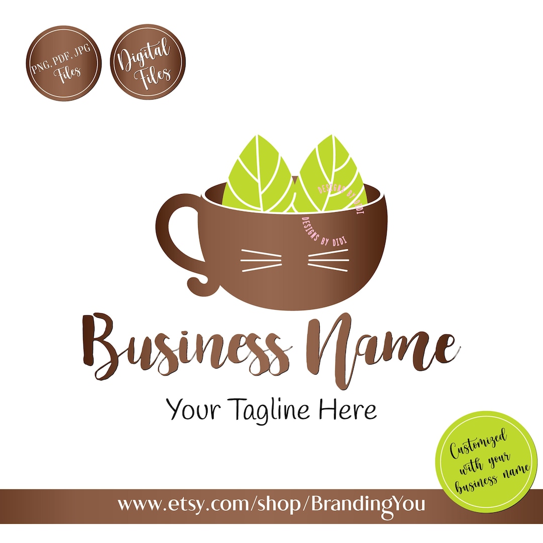 Tea Cup Cat Logo, Green Leaves Modern Graphic (digital Files) - Etsy