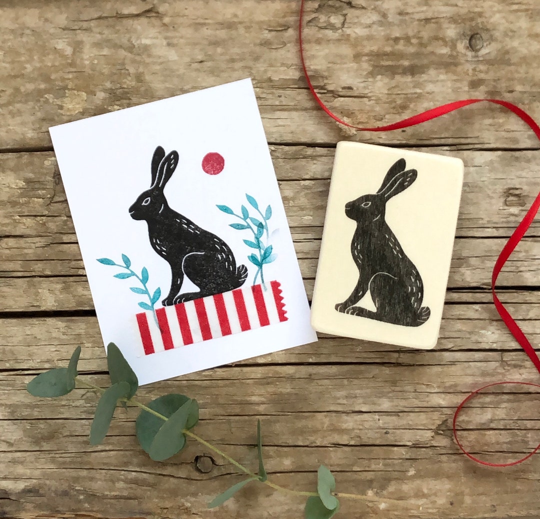 Hare Hand Carved Rubber Stamp, DIY, Easter Rubber Stamp, Rabbit Card ...