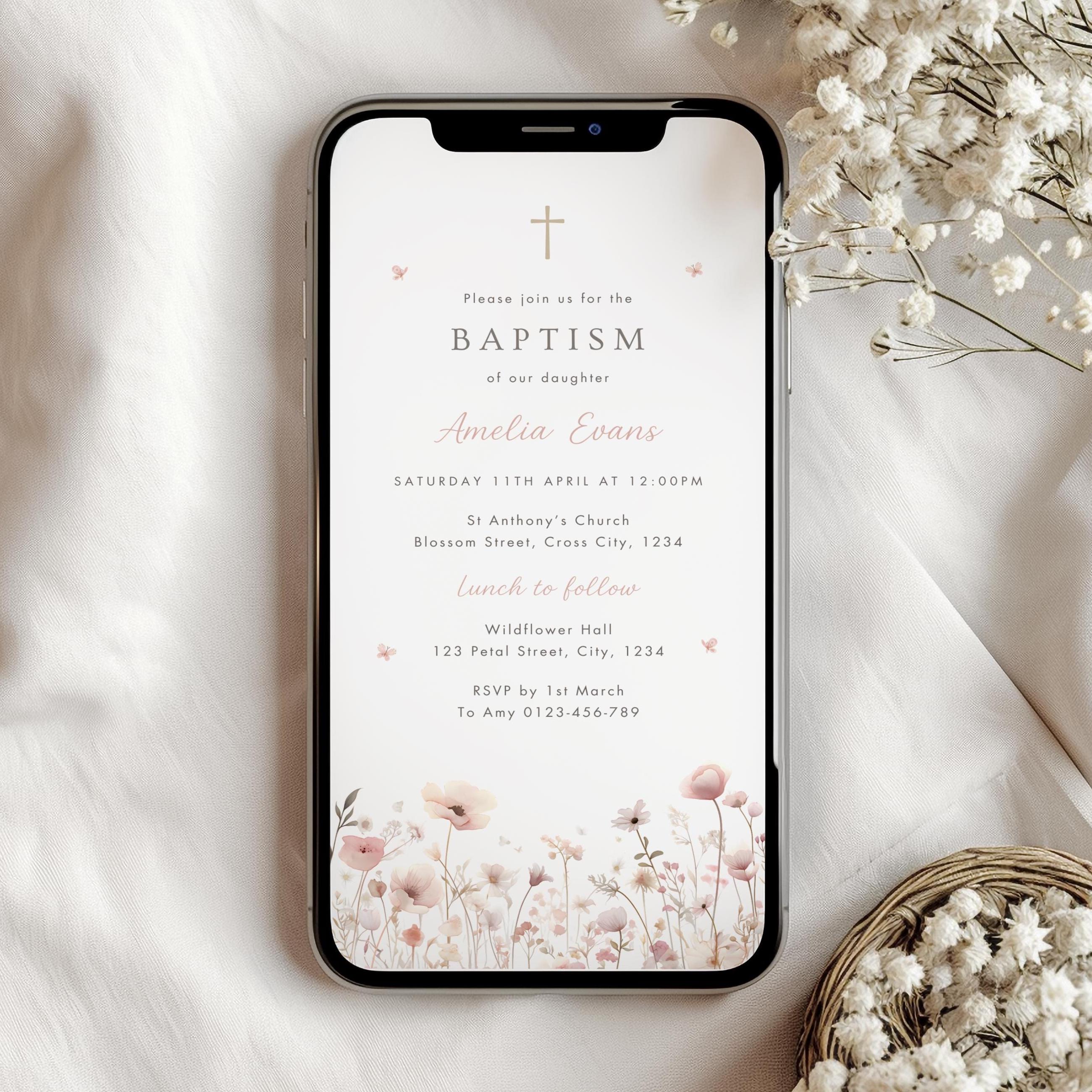 Digital Baptism Invitation Template, Electronic Wildflower Christening ...