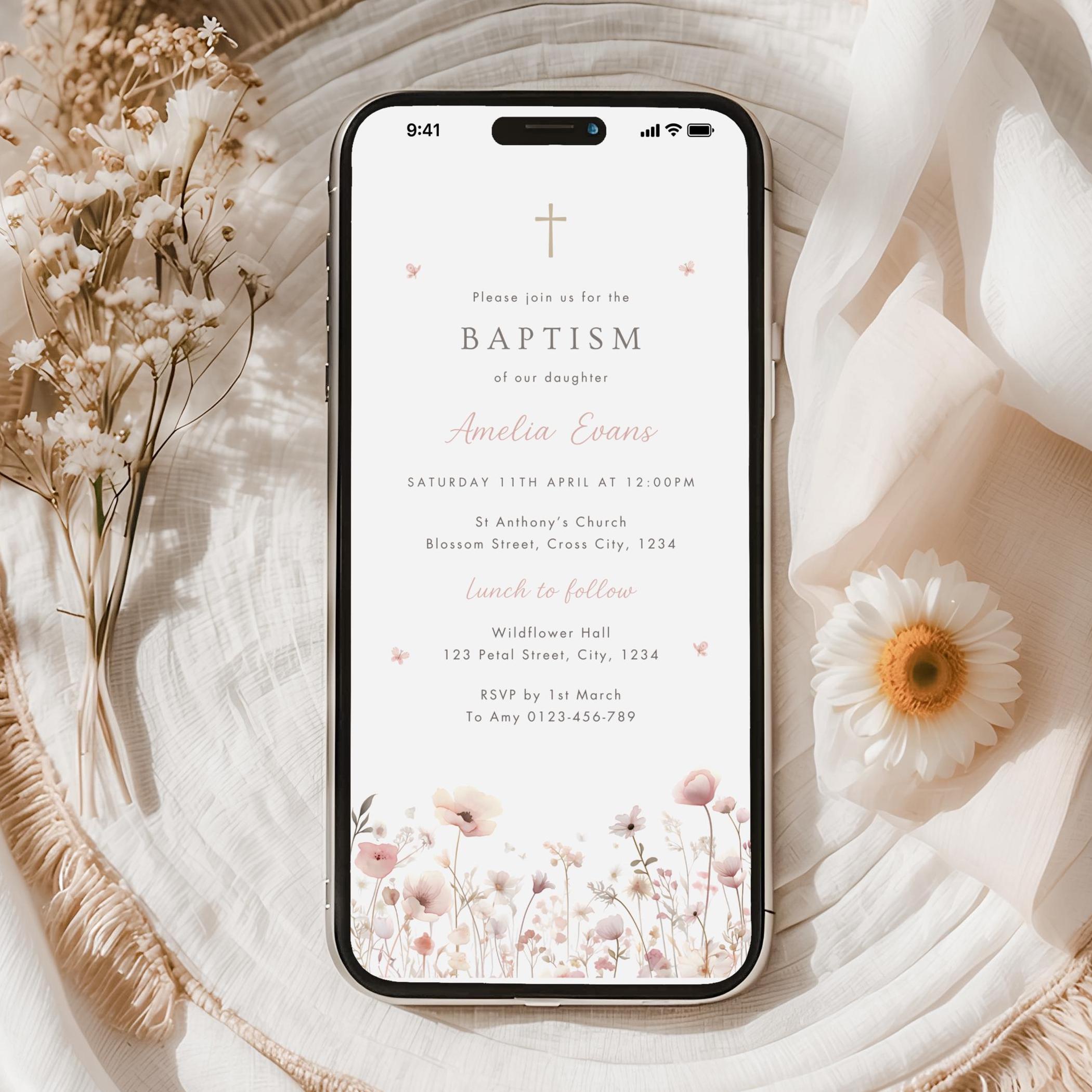 Digital Baptism Invitation Template, Electronic Wildflower Christening ...