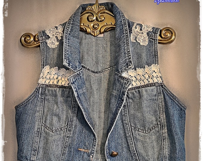 UPCYCLED Crochet-embellished Denim Vest Distressed Womens Shabby-chic ...
