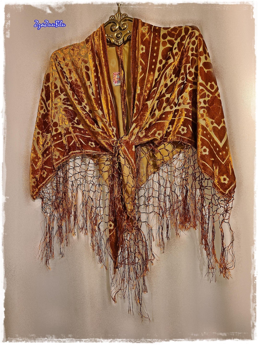 GYPSY-CHIC VELVET Shawl - Burnout Velvet Cape, Autumn Gold Floral Piano ...