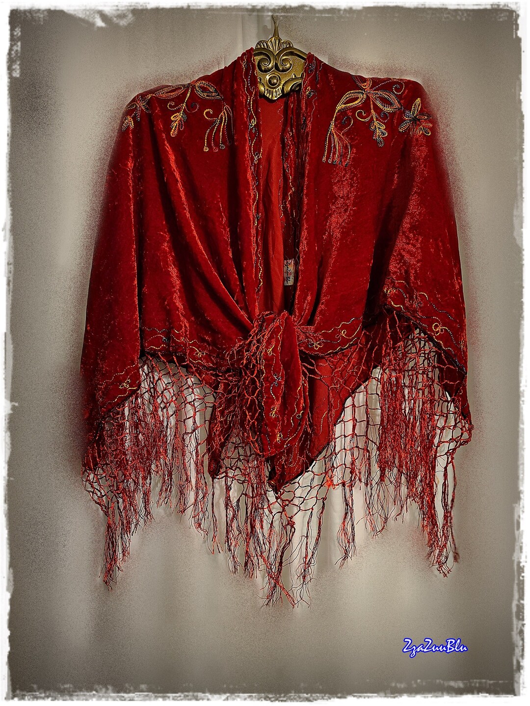 GYPSY-CHIC Embroidered Velvet Shawl Deep Red Velvet Cape, Piano Scarf ...