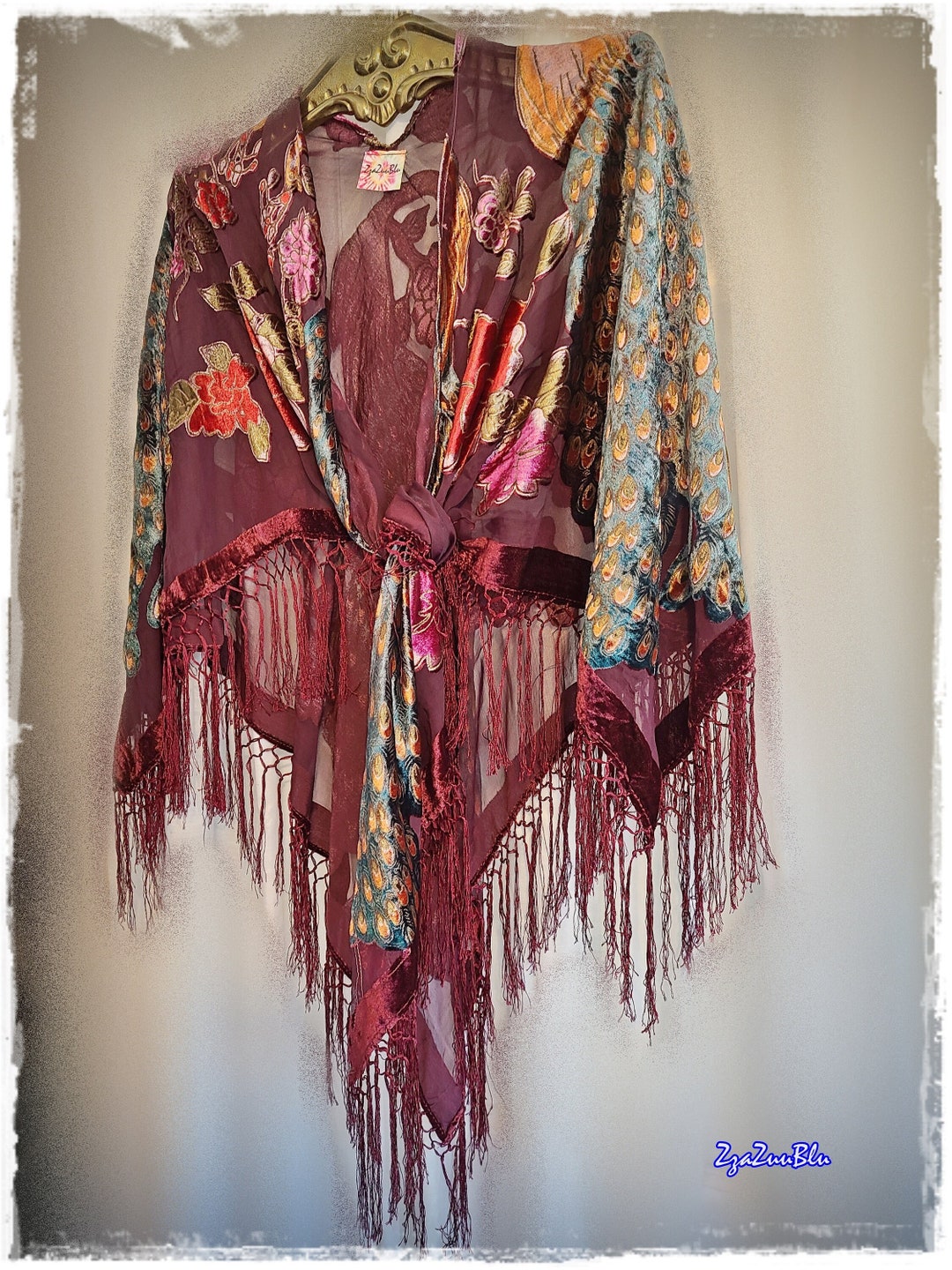 PEACOCK HIPPIE SHAWL - Burgundy Burnout Velvet Gypsy Cape, Hippie-chic ...
