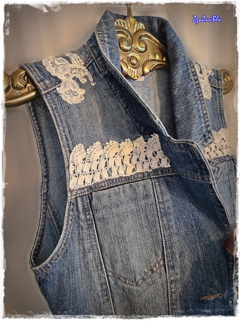 UPCYCLED Crochet-embellished Denim Vest - Distressed Womens Shabby-chic ...